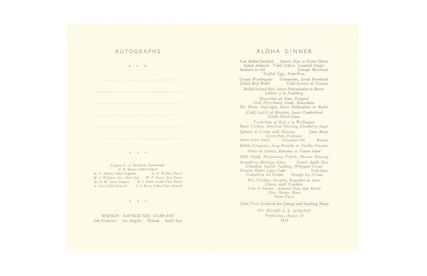 S/S Lurline 1933 Herbert Beazley Maritime Collection – Vintage Menu Art UK