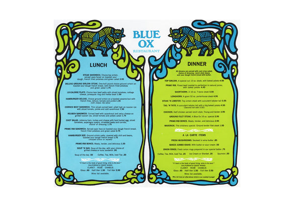 The Blue Ox, California, 1960s – Vintage Menu Art UK