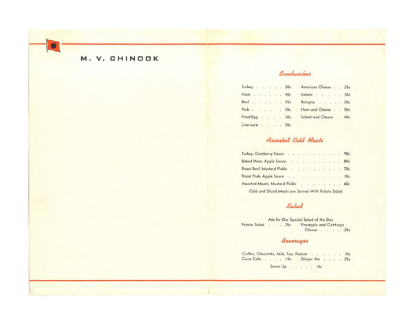 M V Chinook, Seattle - Victoria BC 1950s – Vintage Menu Art UK