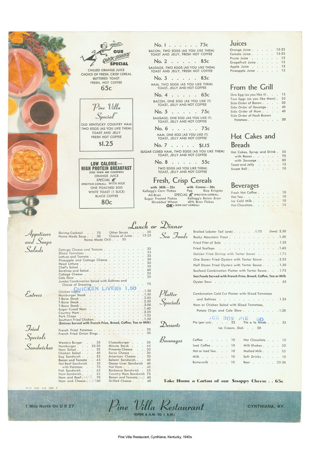 Pine Villa Cynthiana Kentucky 1940s Menu Art – Vintage Menu Art UK