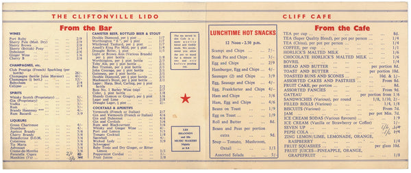 Cliff Cafe, Cliftonville Lido, Margate Kent 1950s – Vintage Menu Art UK